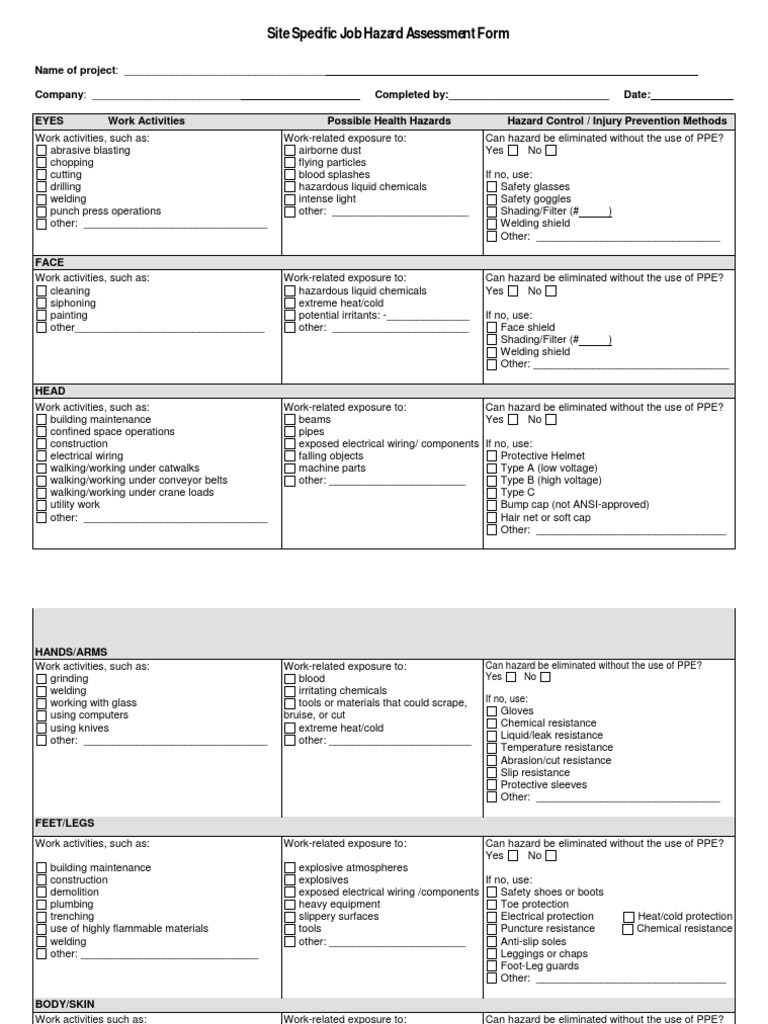 Site Specific Job Hazard Assessment Form | PDF | Personal Protective ...