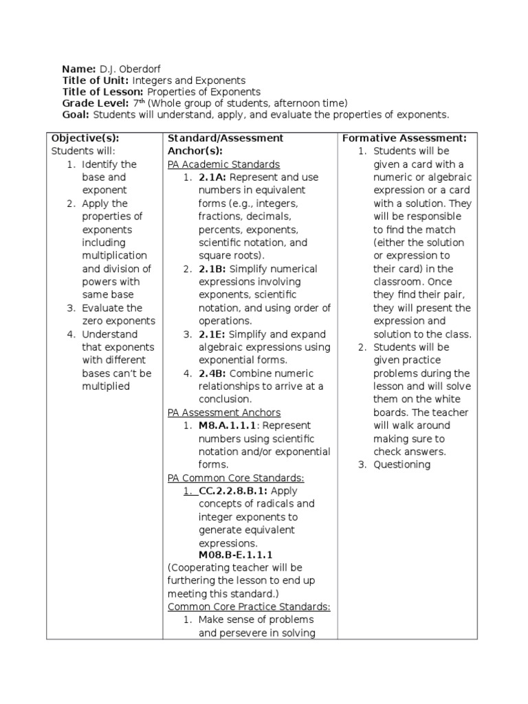 Properties of Exponents Lesson Plan | PDF | Exponentiation | Multiplication