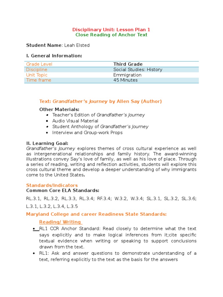 Lesson Plan 1 Grandfathers Journey Final | PDF | Reading Comprehension ...