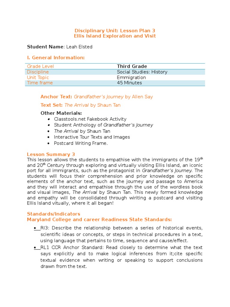 Lesson Plan 3 Ellis Island | PDF | Reading Comprehension ...
