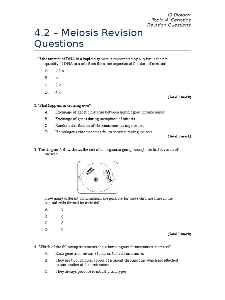 Grade 12 Meiosis Revision Questions | PDF | Meiosis | Chromosome