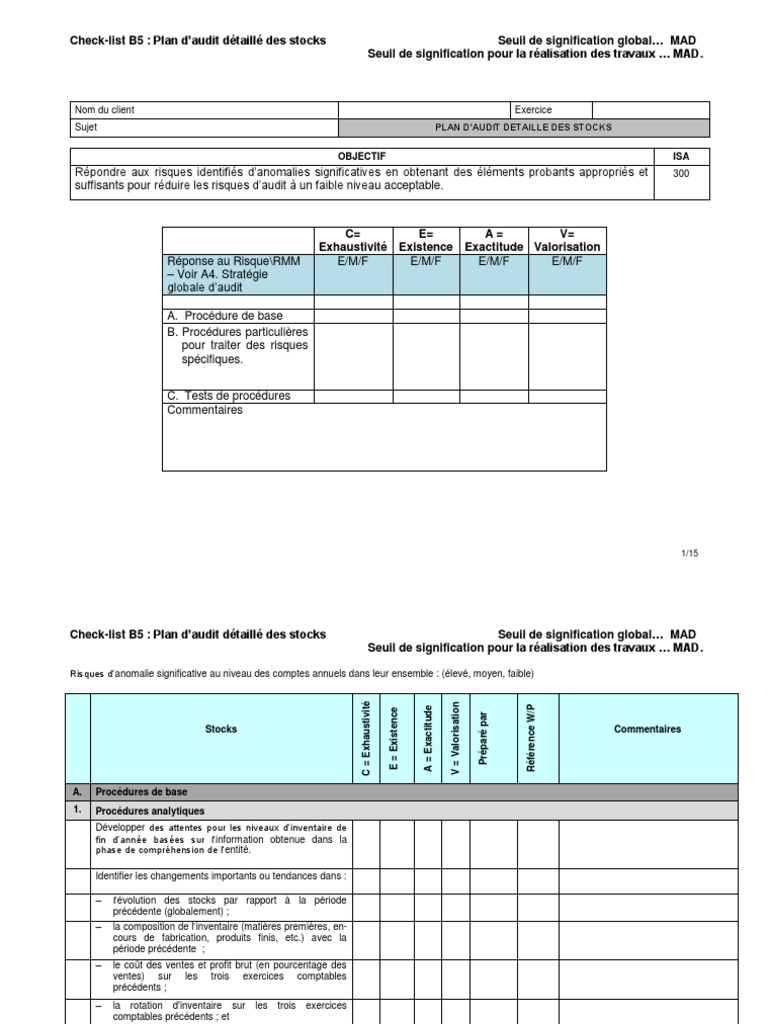 B5 - Plan D'audit Détaillé Des Stocks | PDF | Inventaire | Audit
