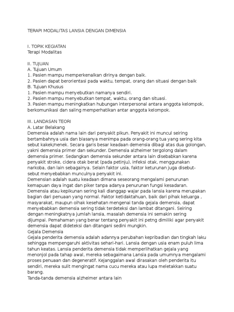 Terapi Modalitas Lansia Dengan Dimensia | PDF
