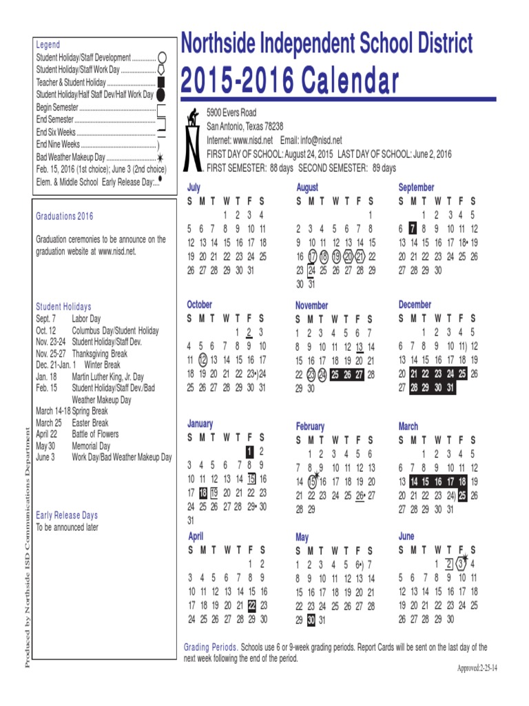 Northside ISD 2015-2016 Calendar | PDF