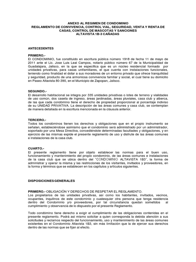Reglamento General Altavista 1 b3 Propuesta | PDF | Condominio | Residuos