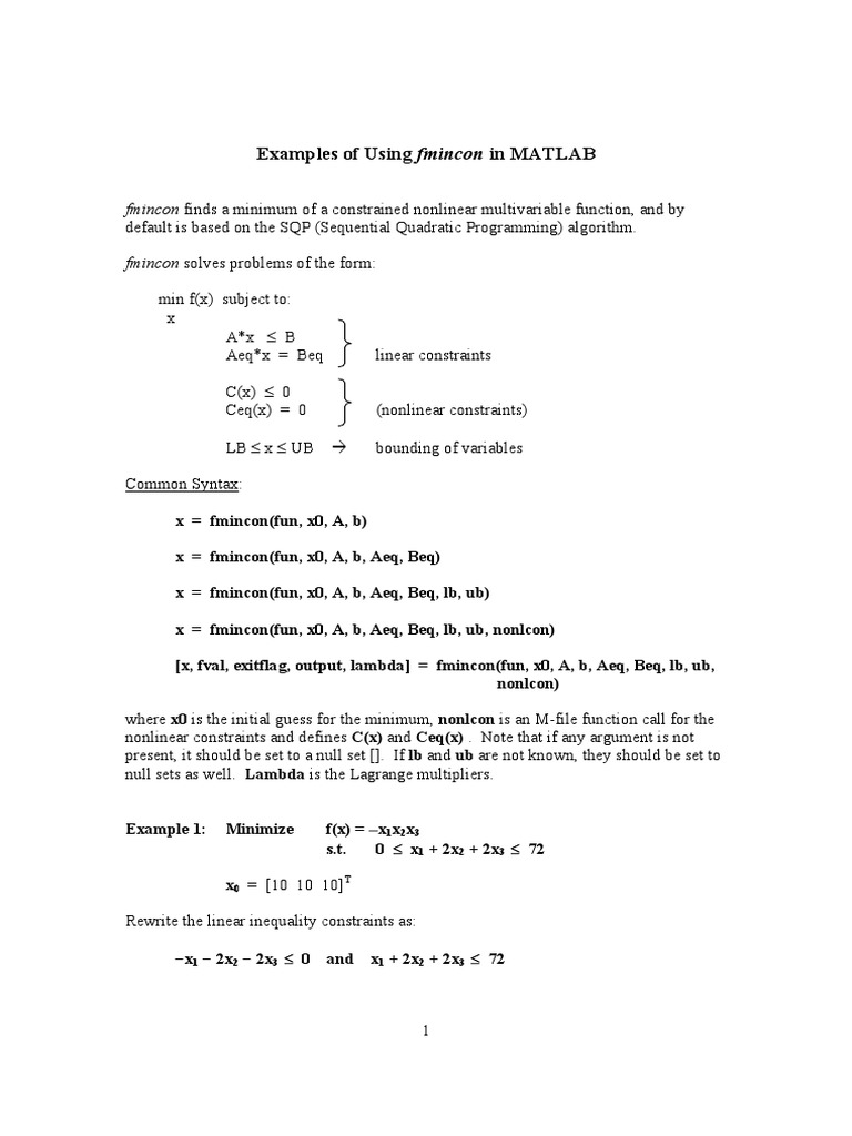 fmincon Examples in MATLAB | PDF