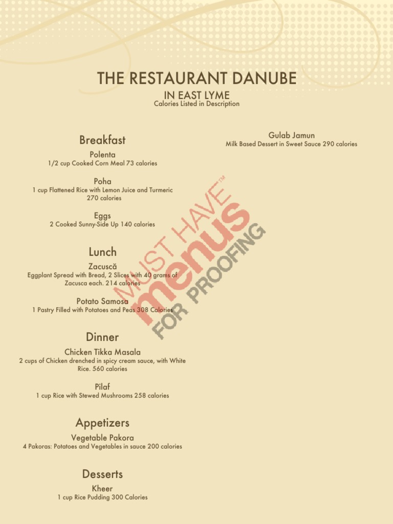 Danube Restaurant Menu with Calories | PDF