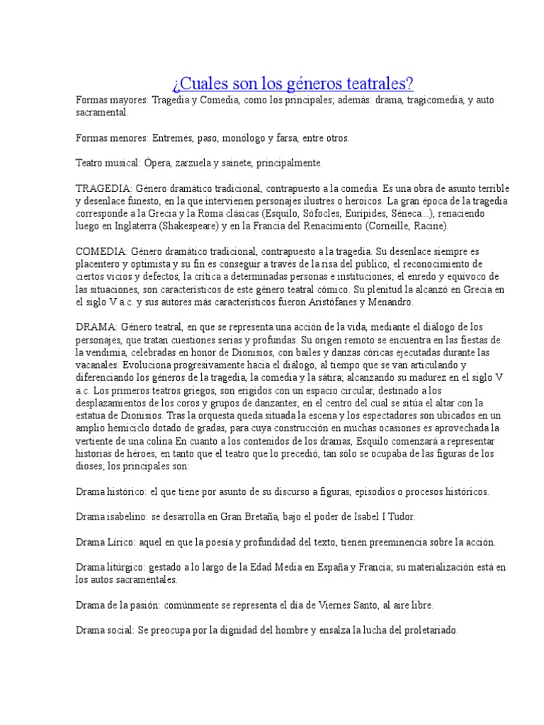 Cuales Son Los Géneros Teatrales | Teatro | Tragedia