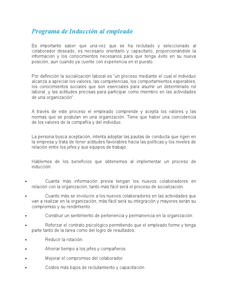 Programa de Inducción Al Empleado | PDF | Recursos humanos | Socialización