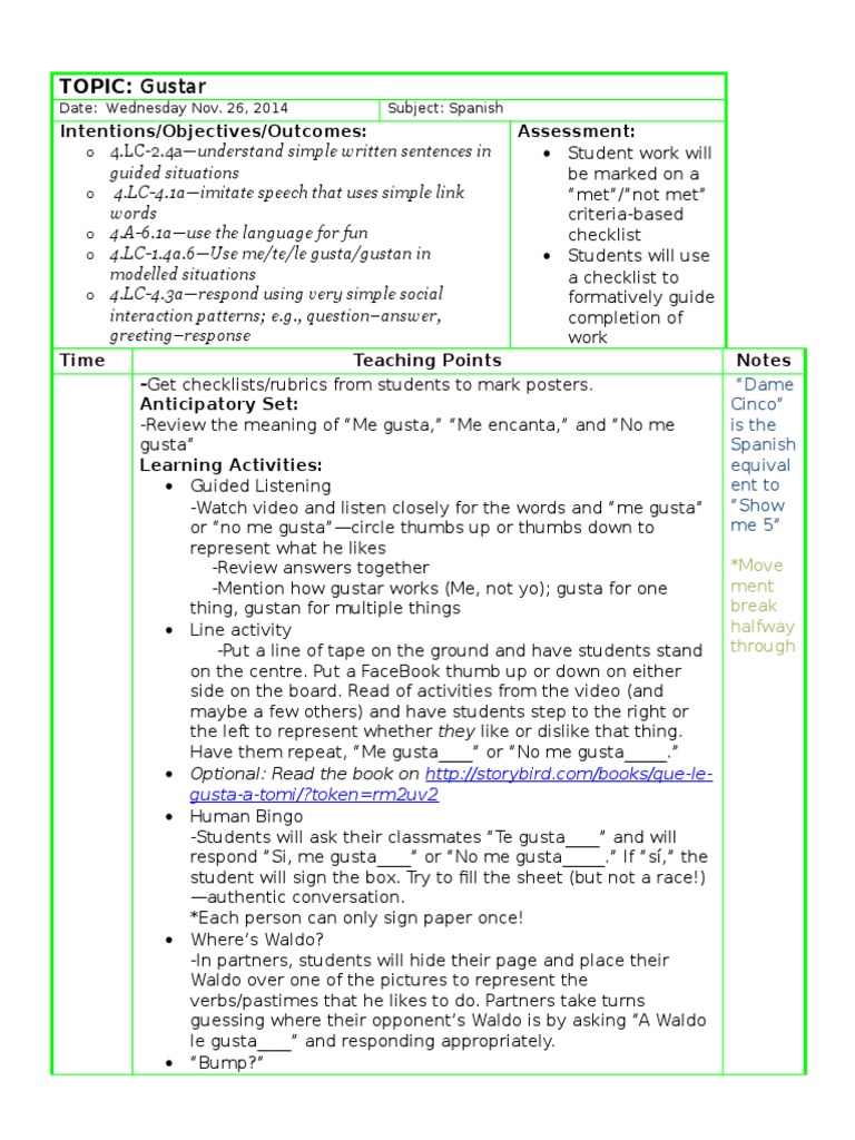 Gustar Lesson Plan | PDF | Grammar | Semiotics