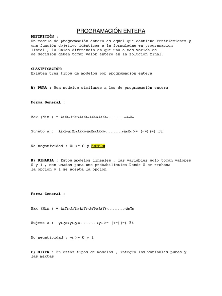 Ejemplos de Programación Entera | PDF | Programación lineal ...