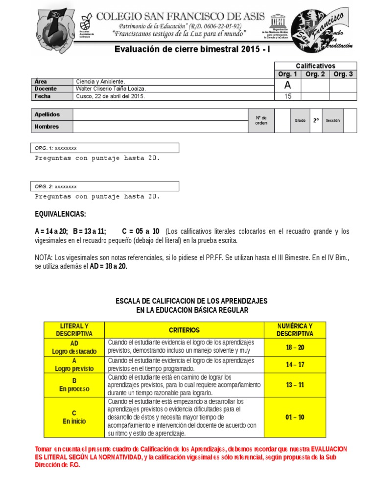 Escala de Calificacion de Los Aprendizajes | Descargar gratis PDF ...