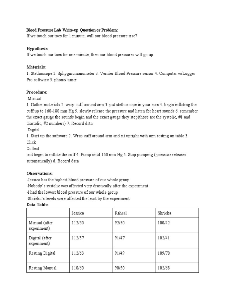 Student Blood Pressure Experiment | PDF