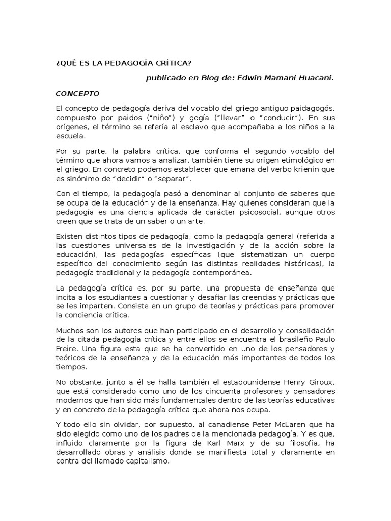 Qué Es La Pedagogía Crítica - Edwin Mamani Huacani | PDF | Pedagogía | Movimientos filosóficos