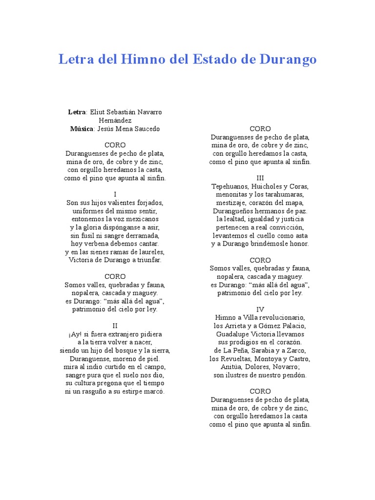 Letra Del Himno Del Estado de Durango | PDF