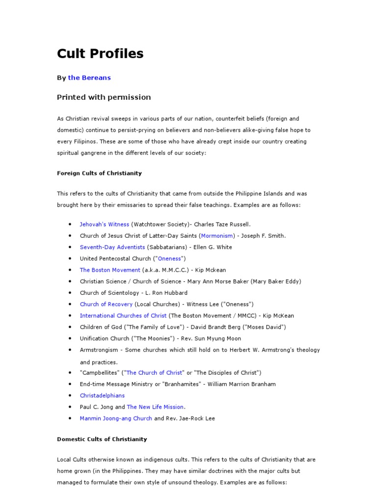 Cult Profiles | PDF | Oneness Pentecostalism | Christian Movements