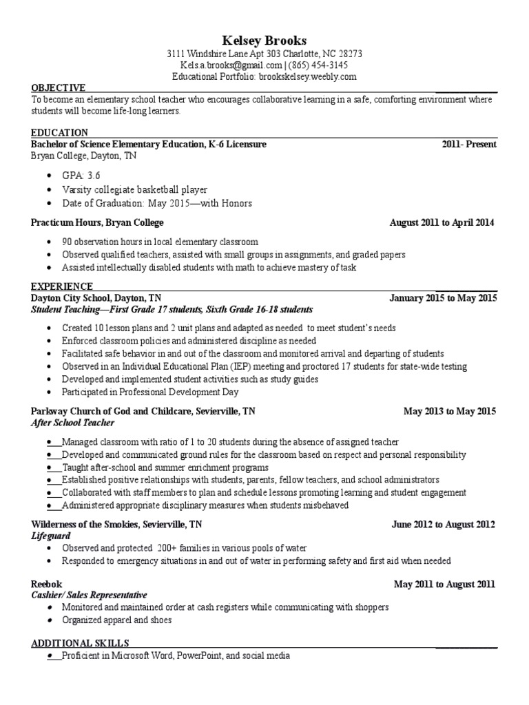 Kelsey Brooks: Elementary Teacher Resume | PDF