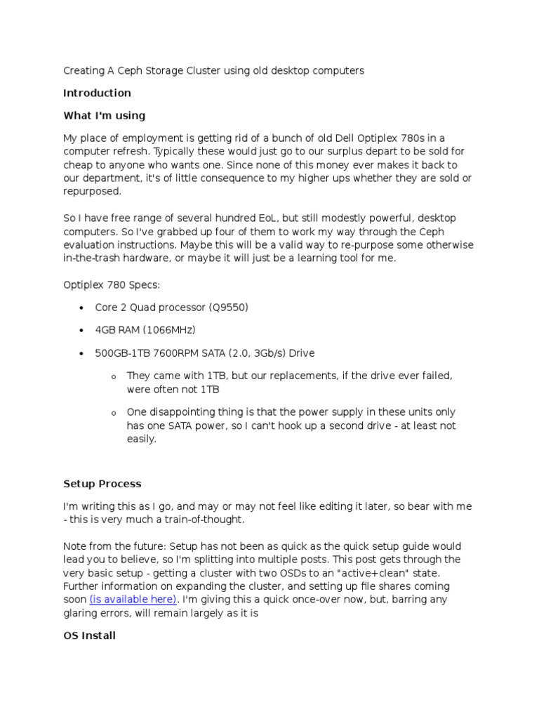 Create a Ceph storage cluster using old desktop computers | PDF | Data | Computer Hardware