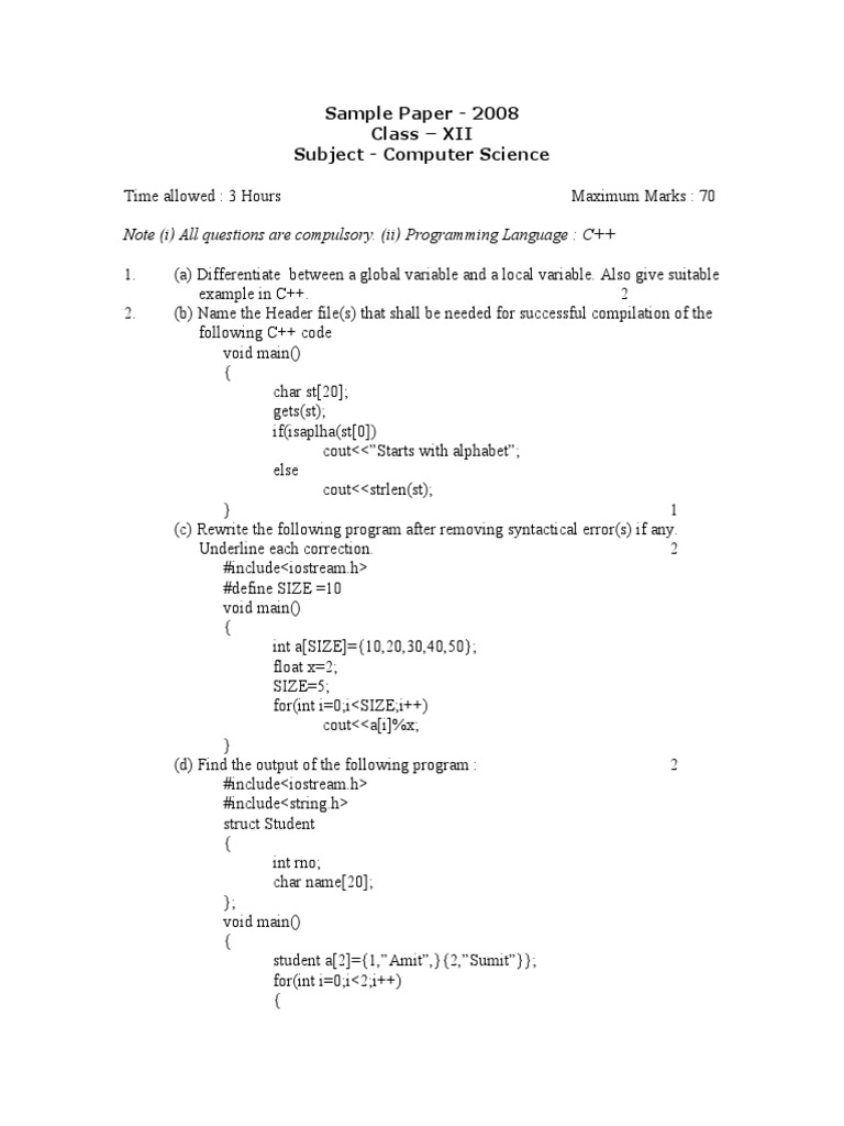 13 Computer Science Xii Sample Paper 08 Pdf Array Data Structure Subroutine 