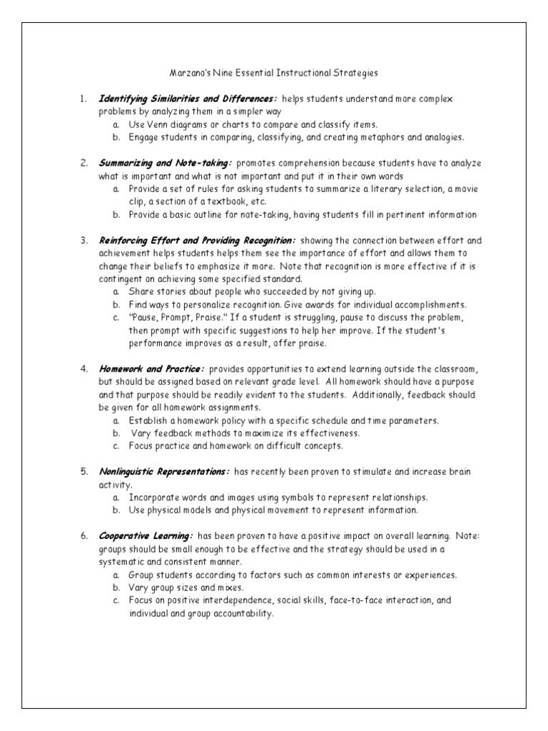 Marzano's Nine Essential Instructional Strategies | PDF | Homework ...