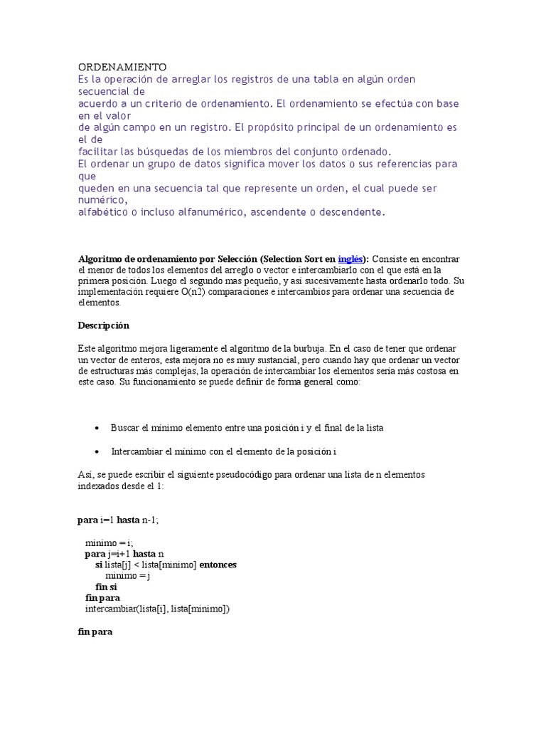 Algoritmo de Ordenamiento Por Selección | PDF | Algoritmos y ...