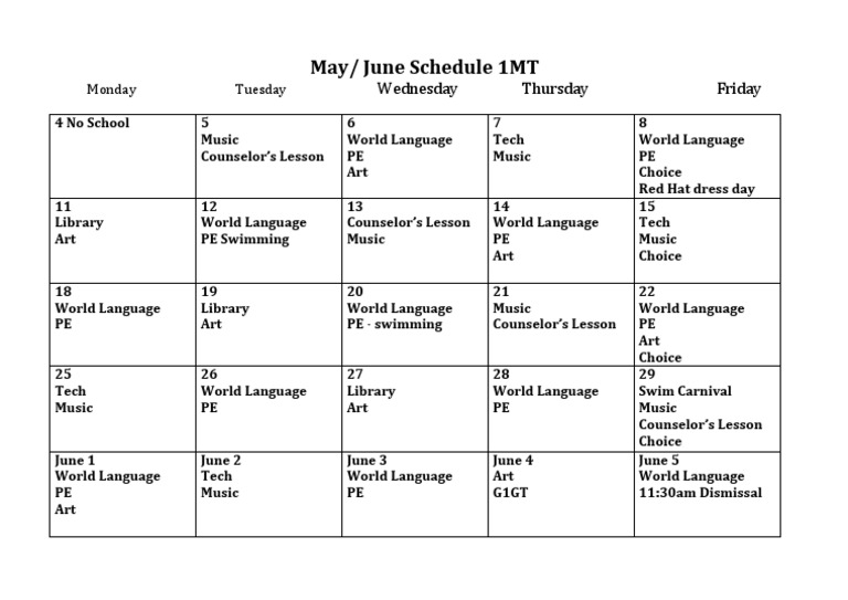 May/ June Schedule 1MT: Monday Tuesday | PDF | Art