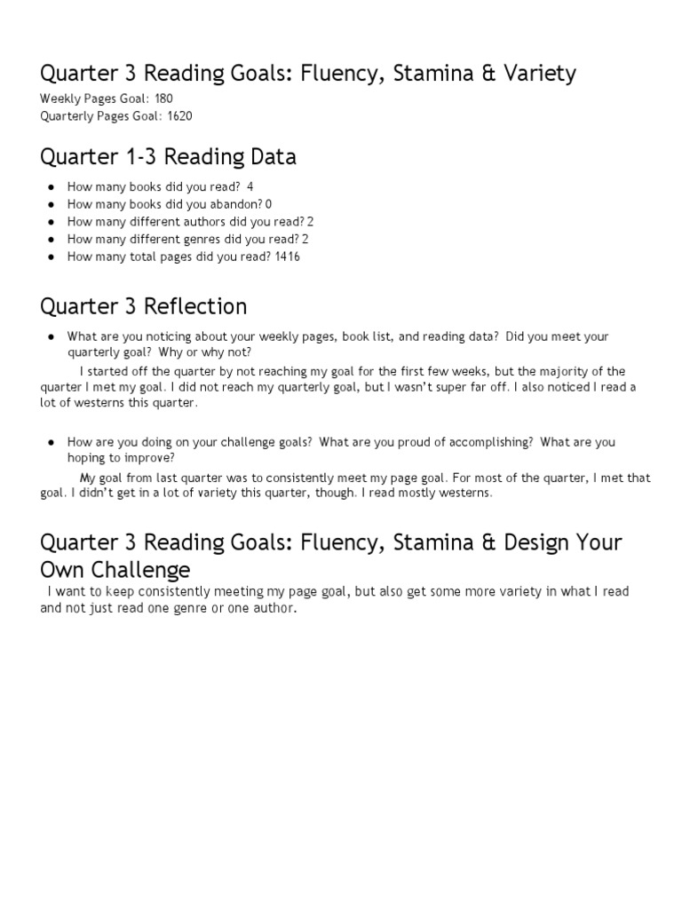 Q3 Reading Goals: Fluency & Variety | PDF | Self-Improvement | Lifestyle