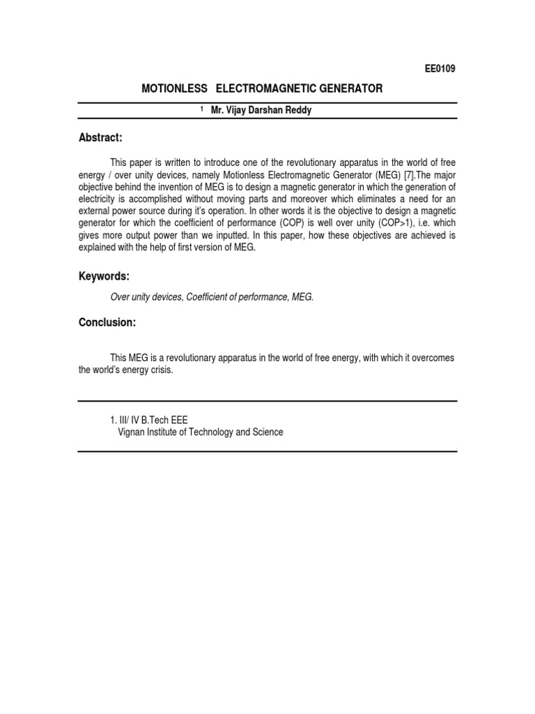 Motionless Electromagnetic Generator | PDF | Inductor | Electric Generator