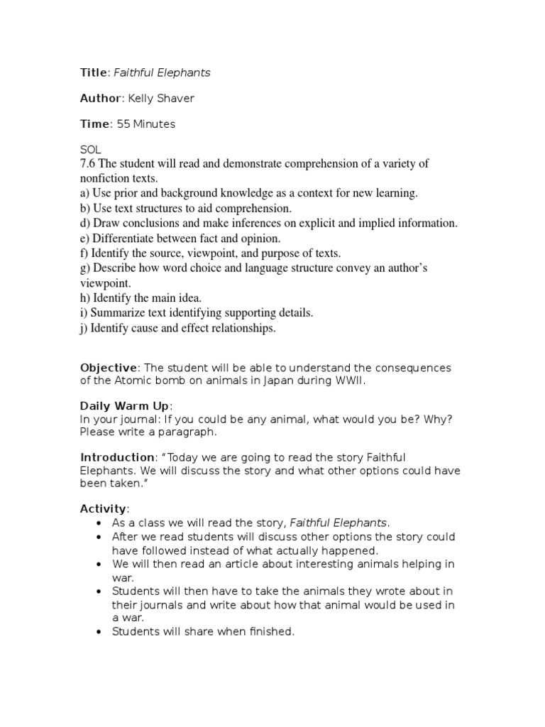 Faithful Elephants | PDF | Reading Comprehension | Behavior Modification
