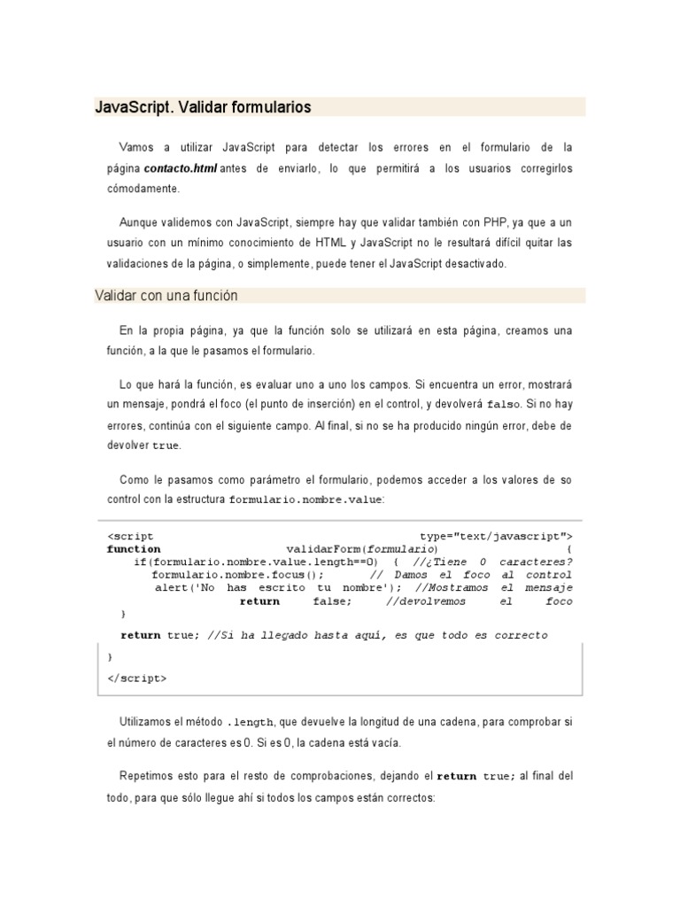 JavaScript Validar Formulario | PDF | Script Java | Áreas de informática