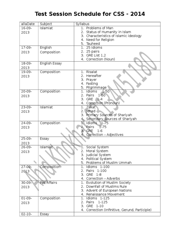 Schedule of Tests CSS | PDF | Pakistan Movement | Two Nation Theory