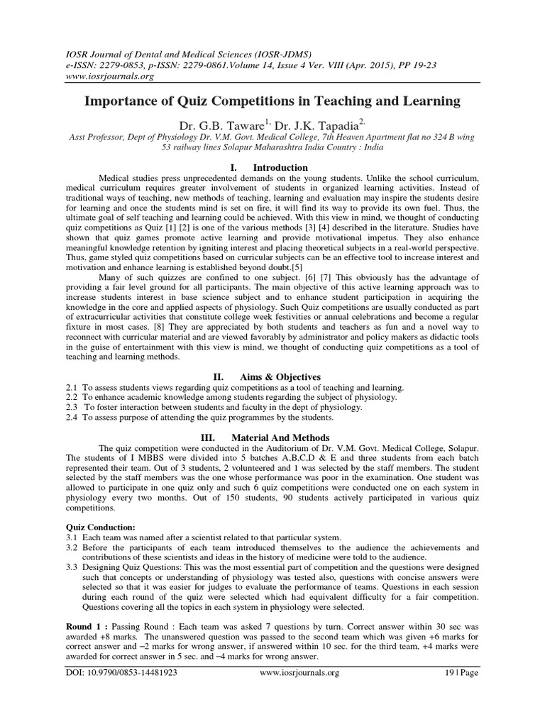 Importance of Quiz Competitions in Teaching and Learning | PDF ...