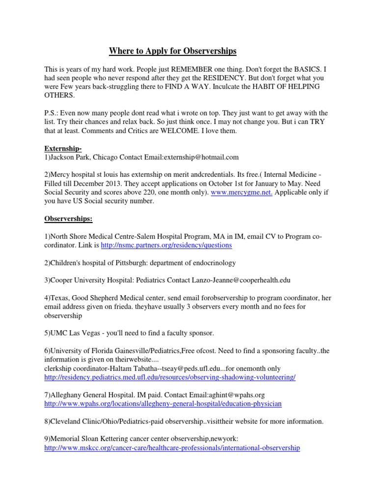 A Comprehensive List of Observership and Externship Opportunities at ...