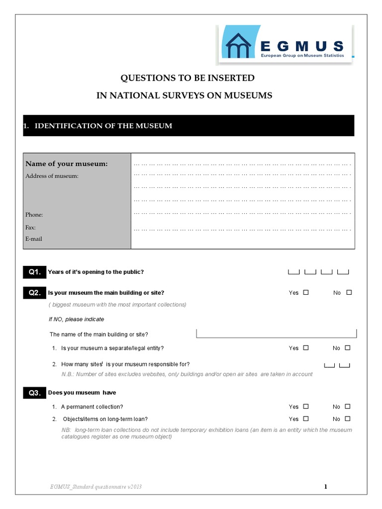 Questions To Be Inserted in National Surveys On Museums: 1 ...