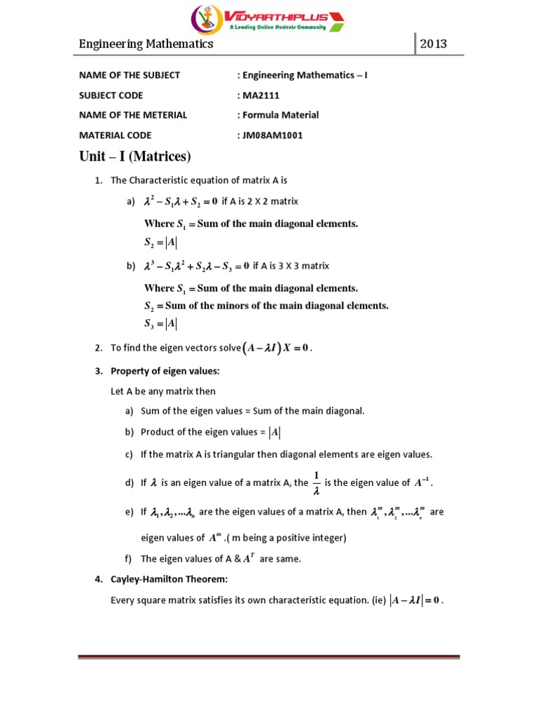 Formula - Engg Maths 1 PDF | Download Free PDF | Eigenvalues And ...