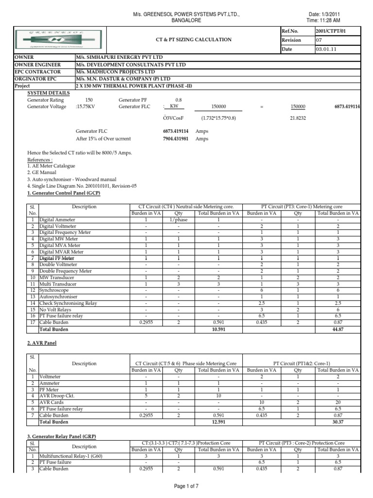 CT & PT Sizing Calculation Report | PDF | Volt | Electrical Resistance ...