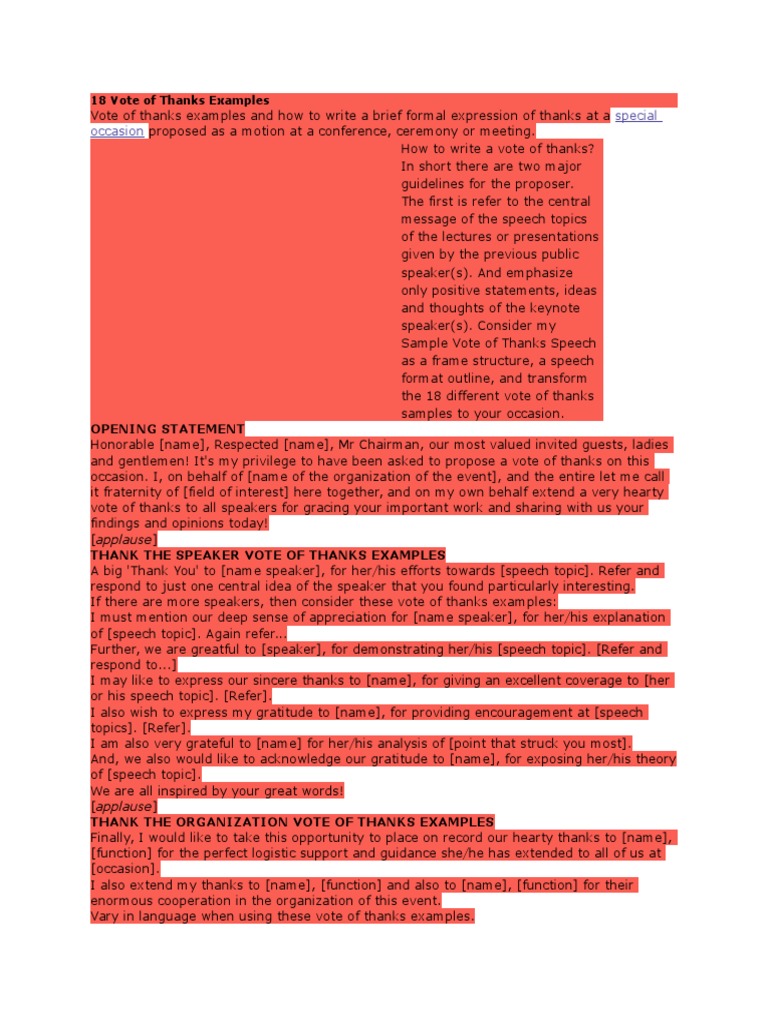 18 Vote of Thanks Examples | Download Free PDF | Public Speaking ...