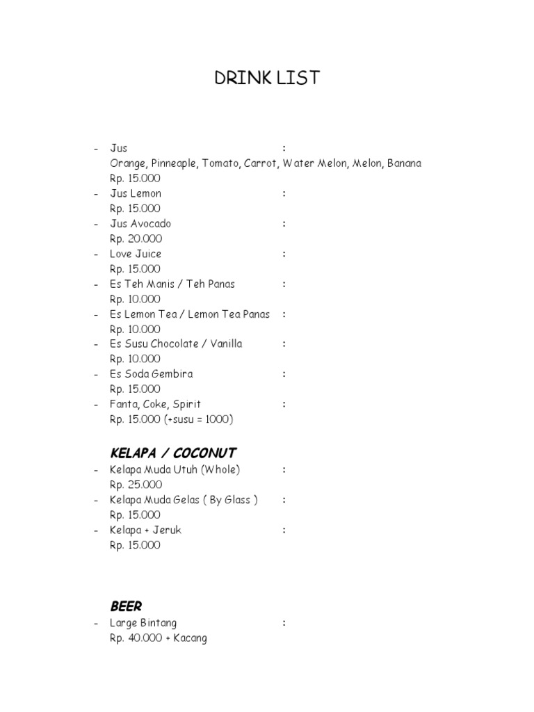 Drink List: Kelapa / Coconut | PDF | Cooking, Food & Wine | Wellness