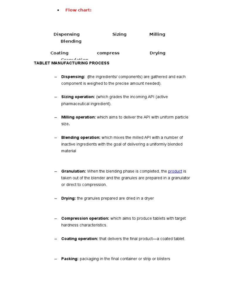 Tablet Manufacturing Process | PDF | Tablet (Pharmacy) | Chemical ...