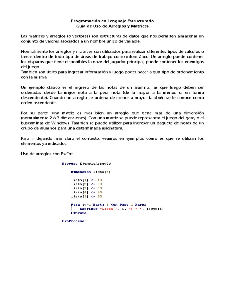Arreglos Pseint | PDF | Matriz (Matemáticas) | Estructura de datos de ...