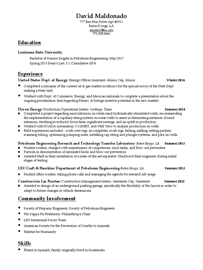 Petroleum Engineer Resume of David Maldonado | PDF