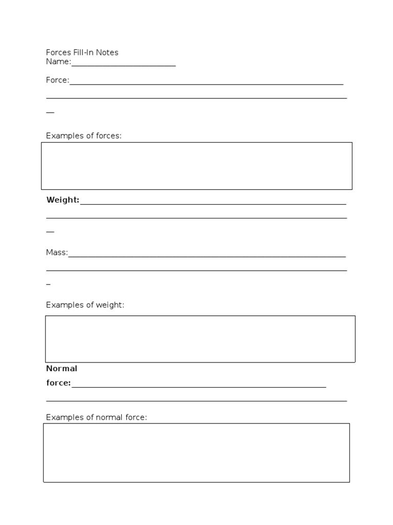 Forces and Their Examples Fill-In Notes | PDF | Force | Classical Mechanics