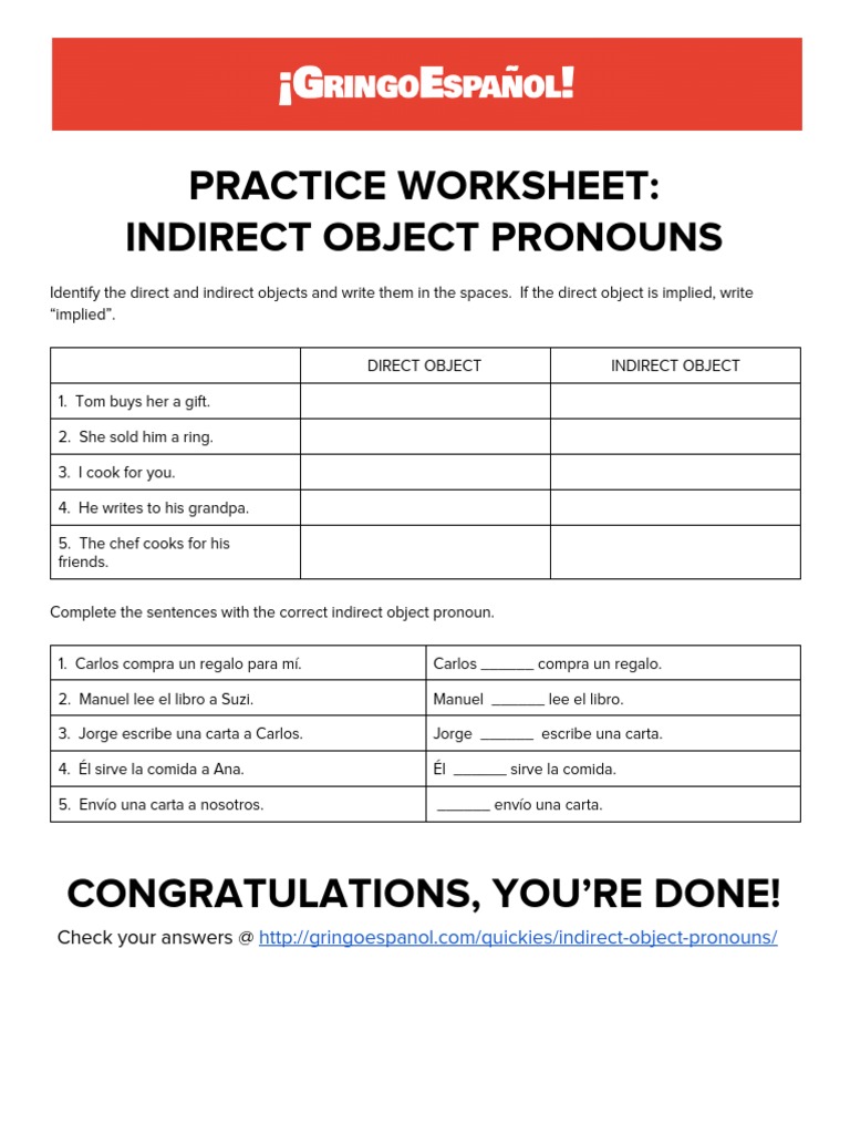 Indirect Object Pronouns Practice Worksheet | PDF
