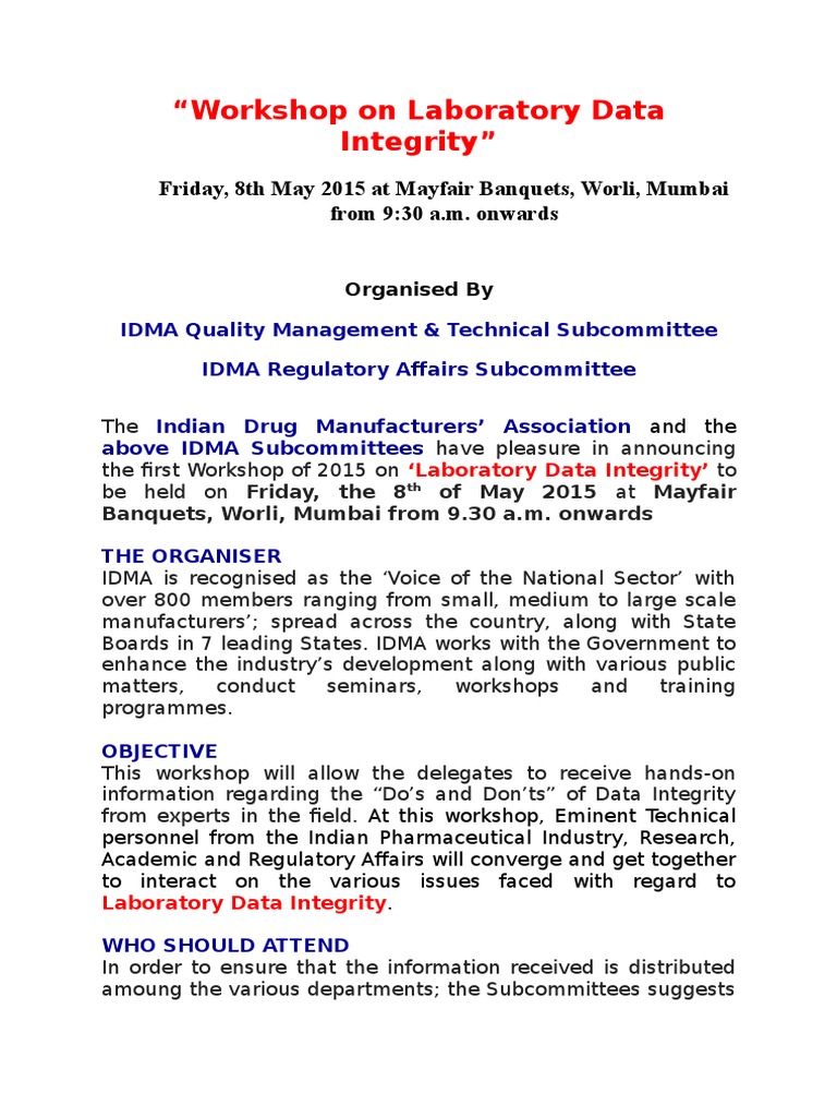 IDMA Workshop-on-Laboratory-Data-Integrity | PDF | Quality Assurance ...