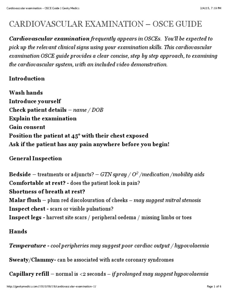 Cardiovascular Examination OSCE Guide | PDF | Pulse | Heart
