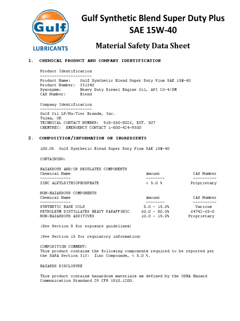 MSDS for Gulf 15W-40 Engine Oil | PDF | Combustion | Carbon Dioxide