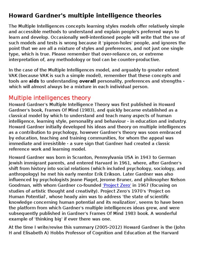 Howard Gardner Multiple Intelligence Theories | Download Free PDF ...