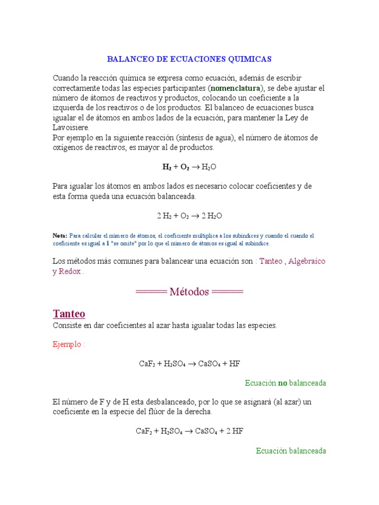 Balanceo de Ecuaciones Quimicas | PDF | Redox | Átomos
