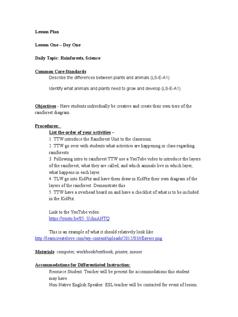 Rainforest Lesson Plan | PDF | Differentiated Instruction | Lesson Plan