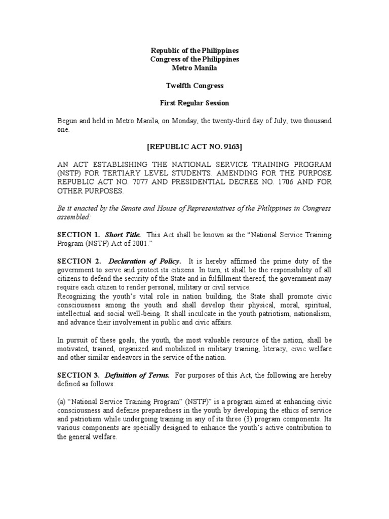 NSTP Republic Act 9163 | PDF | Reserve Officers' Training Corps ...